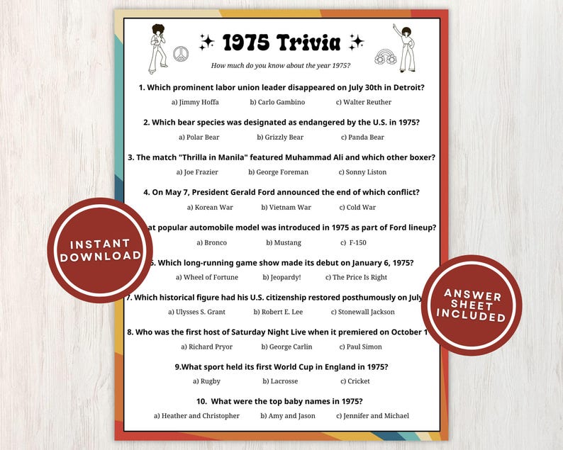 1975 Trivia With Answers, Printable 49th Birthday, Reunion, or ...