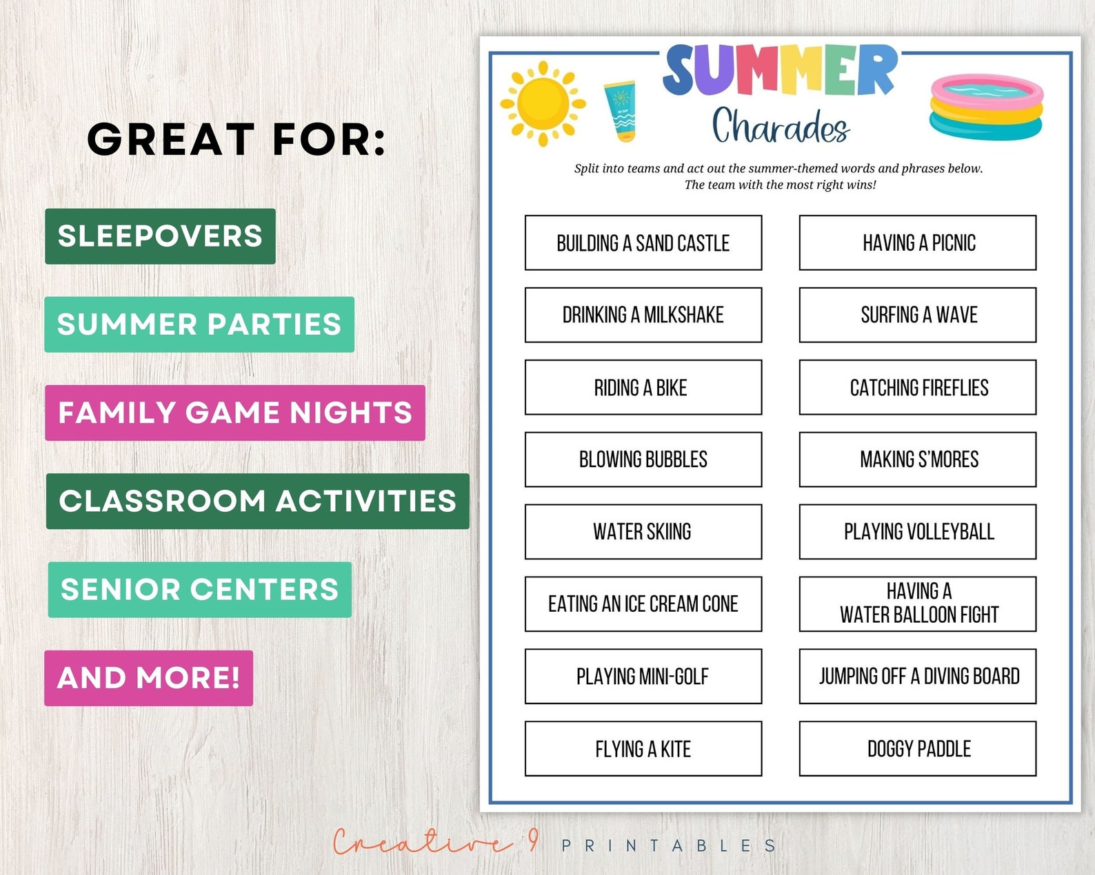 Summer Charades Printable Game for Kids and Teens, 30 Prompts With ...