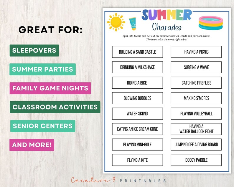 Summer Charades Printable Game for Kids and Teens, 30 Prompts With ...