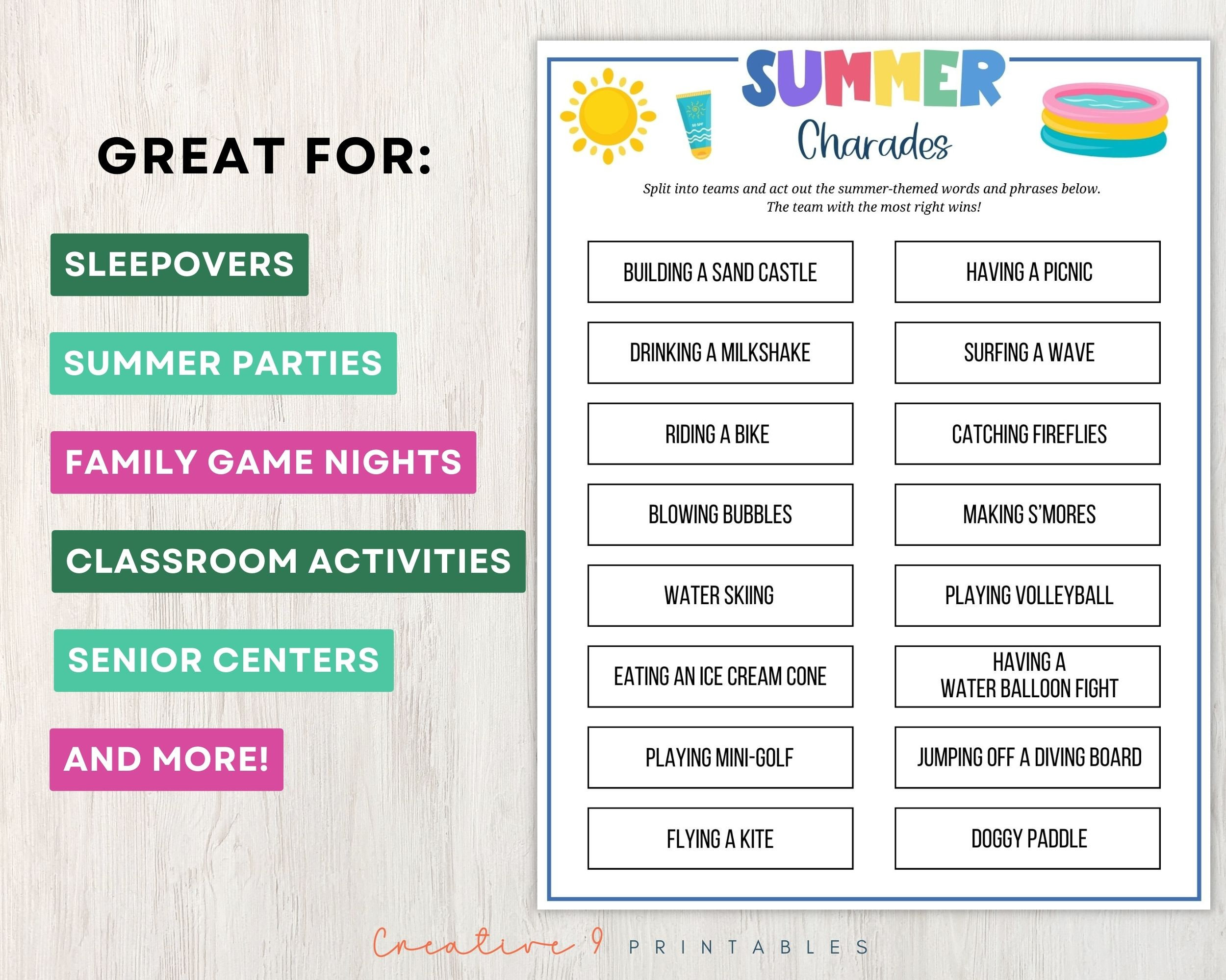Summer Charades Printable Game for Kids and Teens, 30 Prompts With ...
