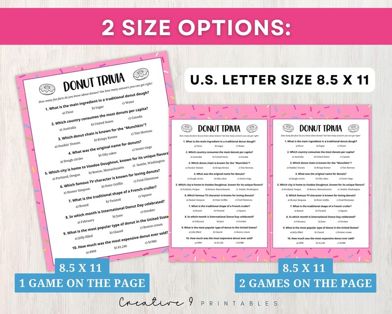 Donut Trivia Printable Game for Kids and Adults, 10 Doughnut Questions ...
