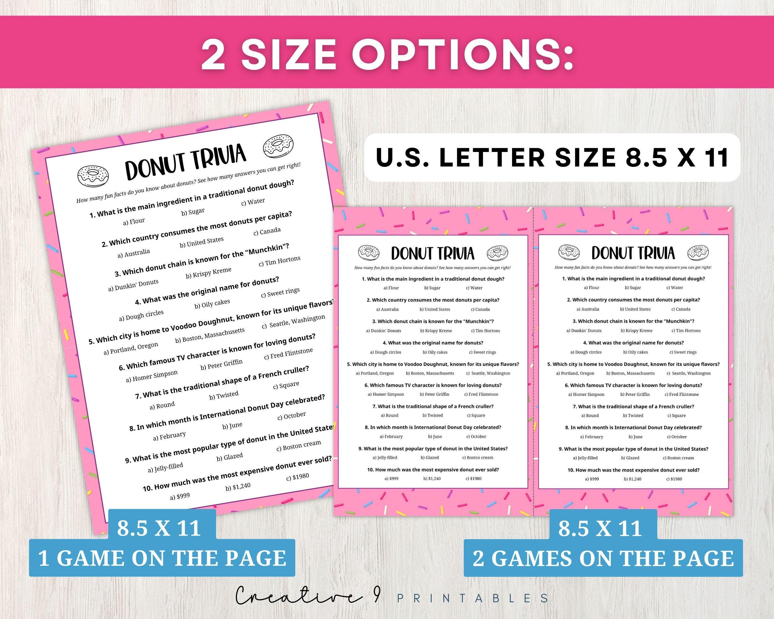 Donut Trivia Printable Game for Kids and Adults, 10 Doughnut Questions ...