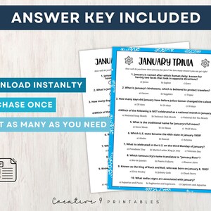 January Trivia Printable Game for Kids and Adults, 10 Fun Facts Quiz ...