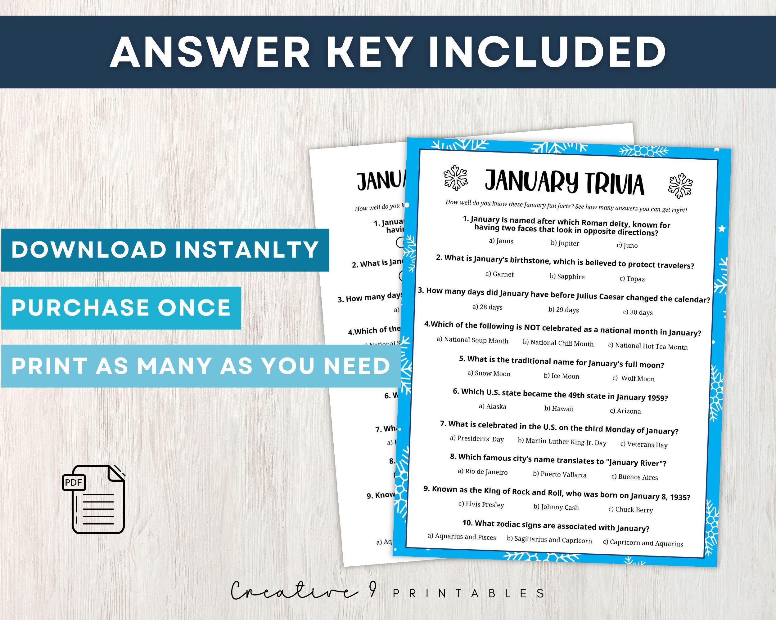 January Trivia Printable Game for Kids and Adults, 10 Fun Facts Quiz ...