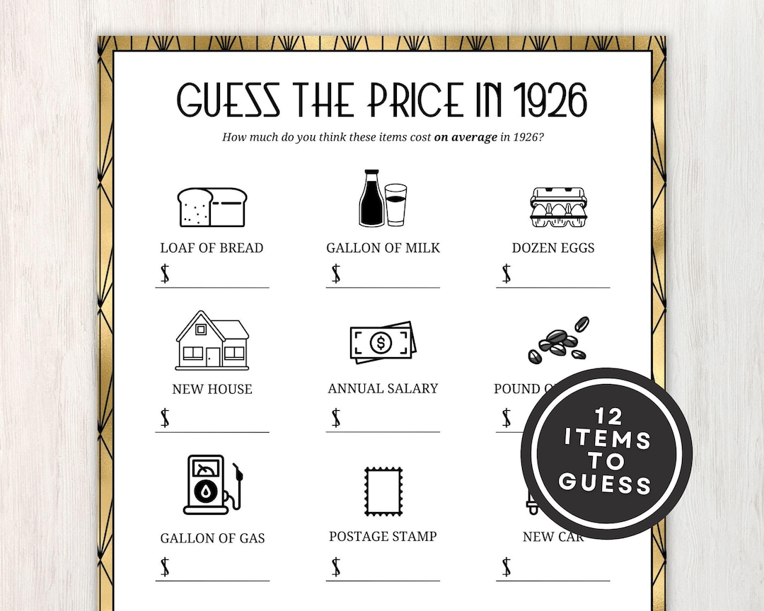 1926 Guess the Price Trivia Printable, 100th Birthday Party Game, 100 ...