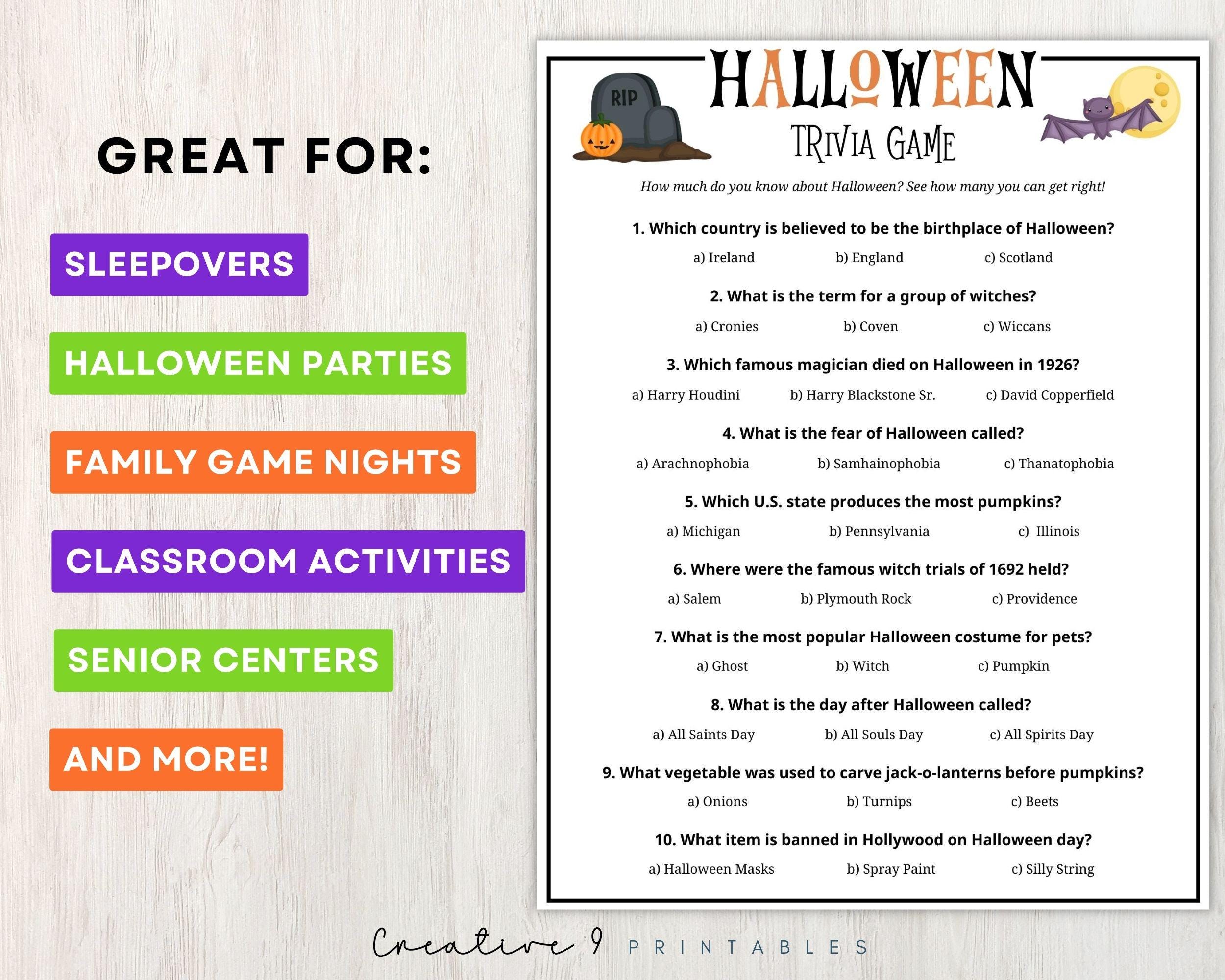 Halloween Trivia Printable Game for Kids and Adults, 10 Trivia ...
