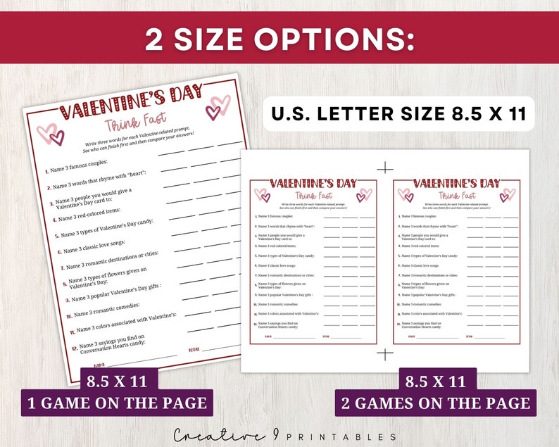 Valentine Think Fast Game for Kids and Adults, Printable Think Quick ...