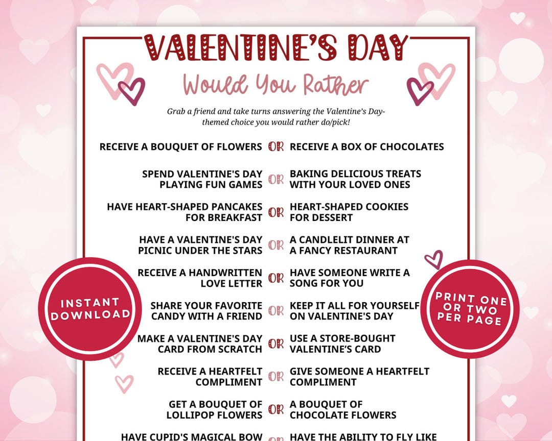 Would You Rather Valentine's Day Game for Kids and Adults, Printable ...