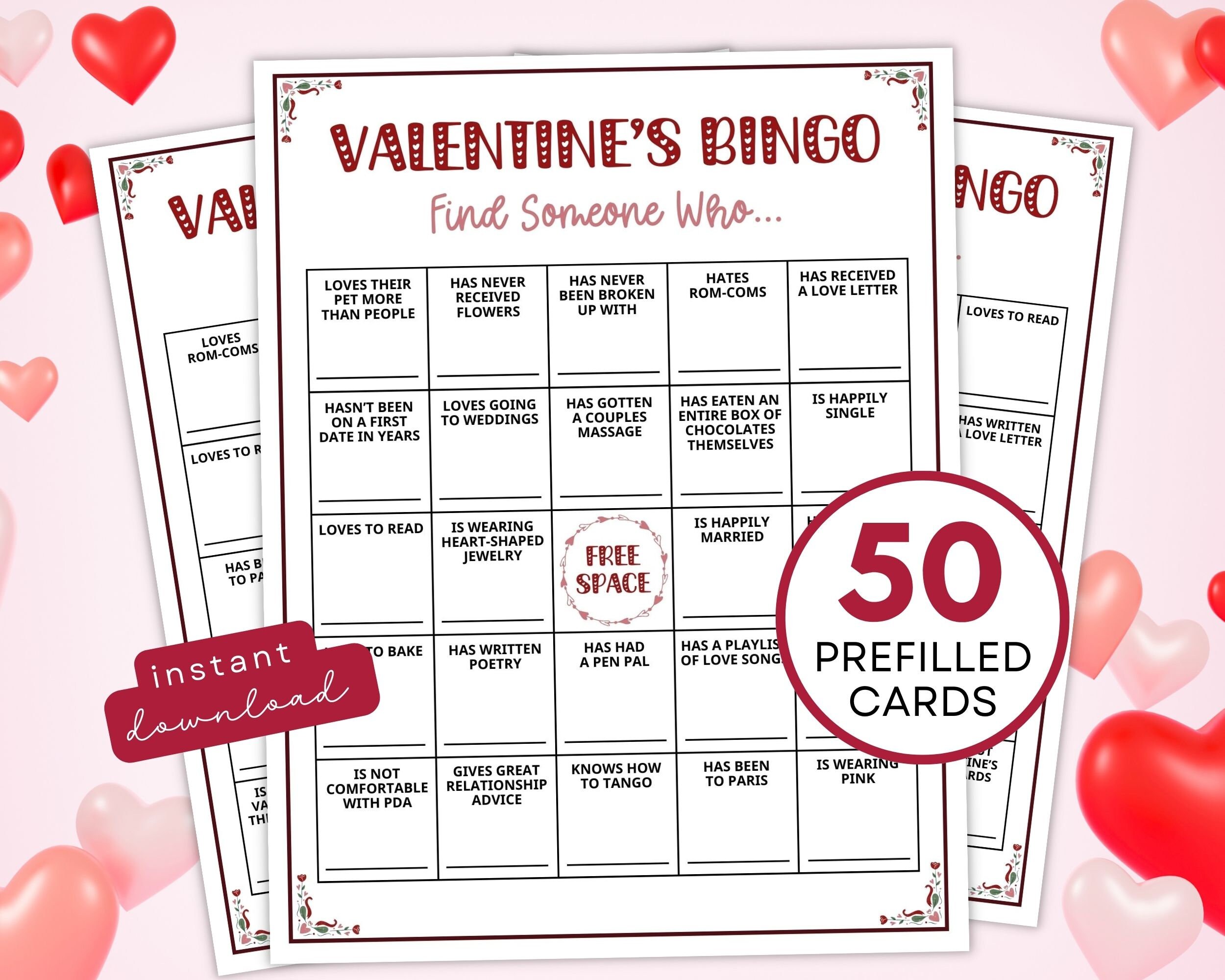 Valentine's Find the Guest Bingo Game for Adults, 50 Prefilled ...