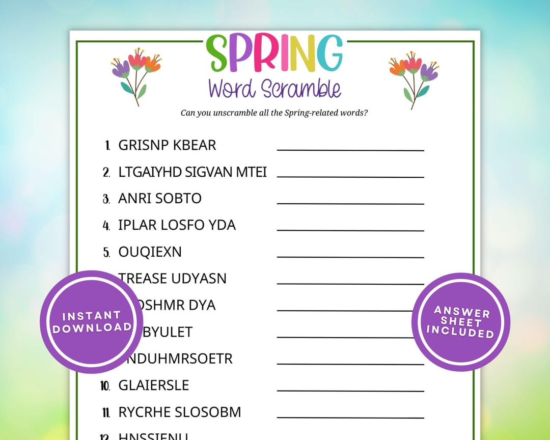 Spring Word Scramble Printable Game for Kids and Adults, 12 Springtime ...