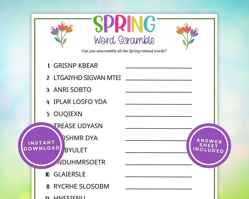 Spring Word Scramble Printable Game for Kids and Adults, 12 Springtime ...