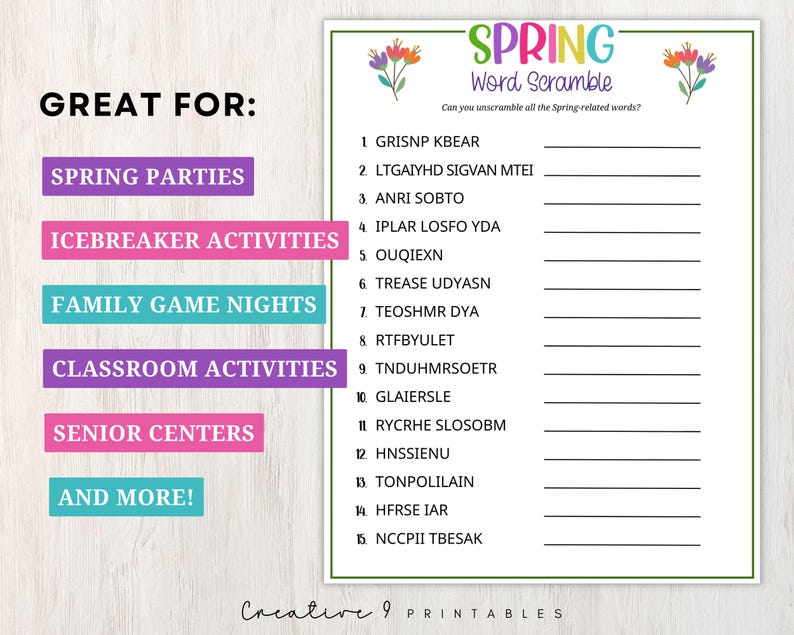 Spring Word Scramble Printable Game for Kids and Adults, 12 Springtime ...