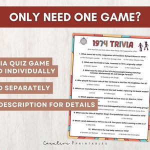 1974 Trivia Bundle for Adults, Seven Fun Printable 51st Party Games ...