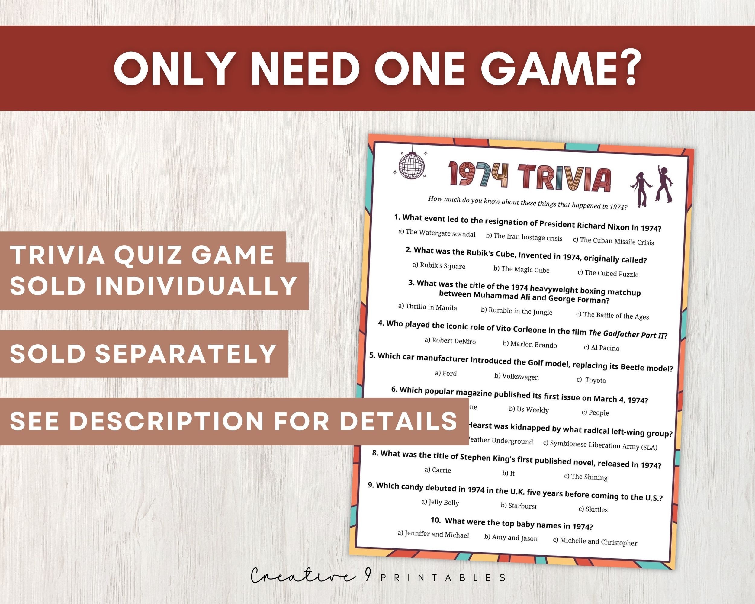 1974 Trivia Bundle for Adults, Seven Fun Printable 51st Party Games ...