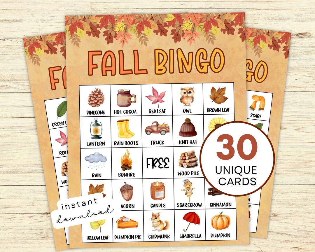 Printable Fall Bingo, 30 Fall Bingo Cards, Fall Party Game, Bingo Game ...
