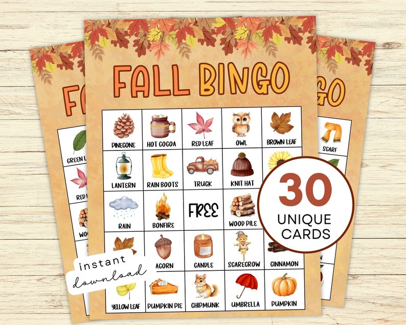 Printable Fall Bingo, 30 Fall Bingo Cards, Fall Party Game, Bingo Game ...