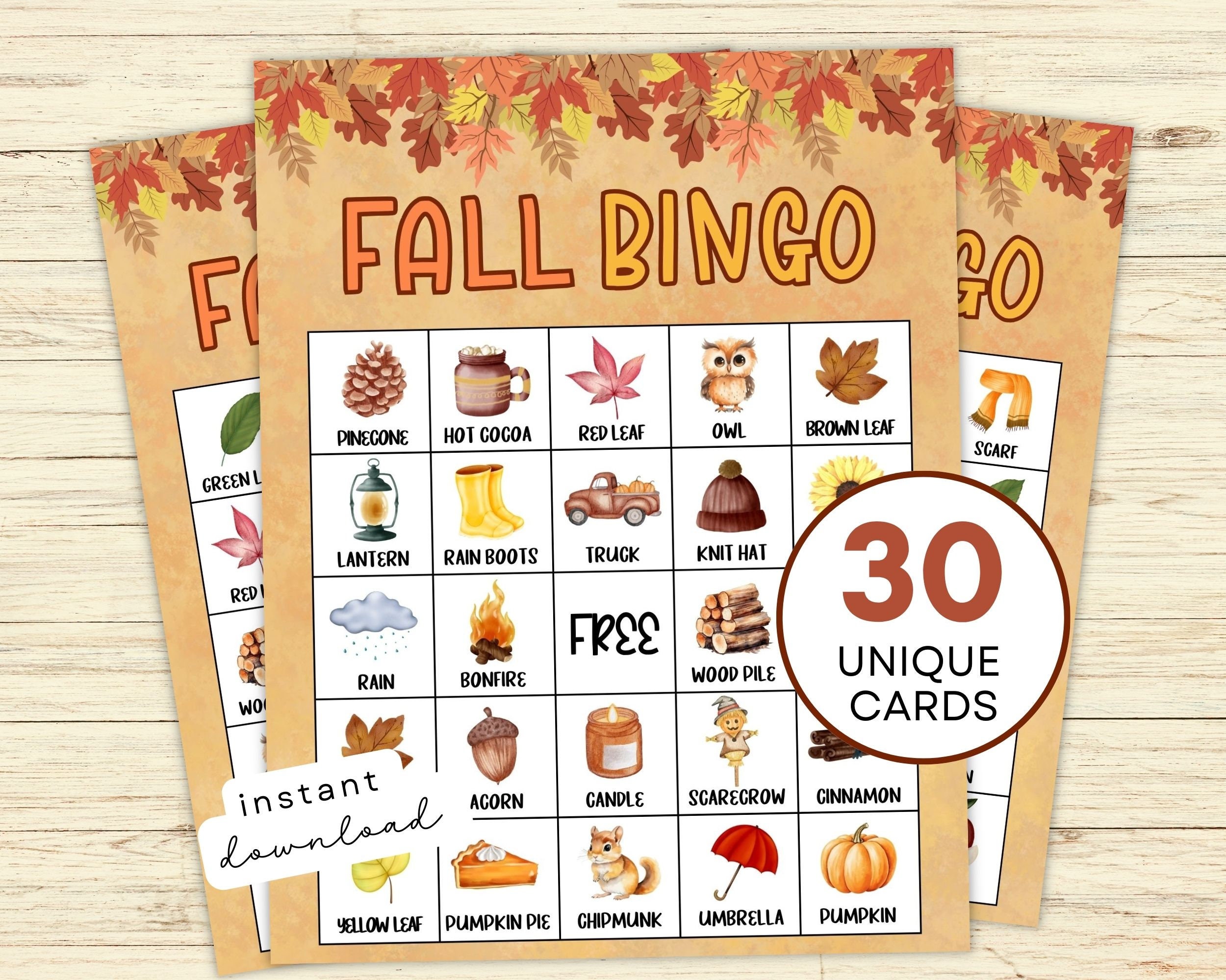 Printable Fall Bingo, 30 Fall Bingo Cards, Fall Party Game, Bingo Game ...