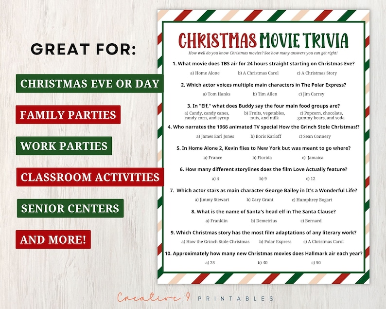 Printable Christmas Movie Trivia Game for Adults and Kids, 10 Fun ...