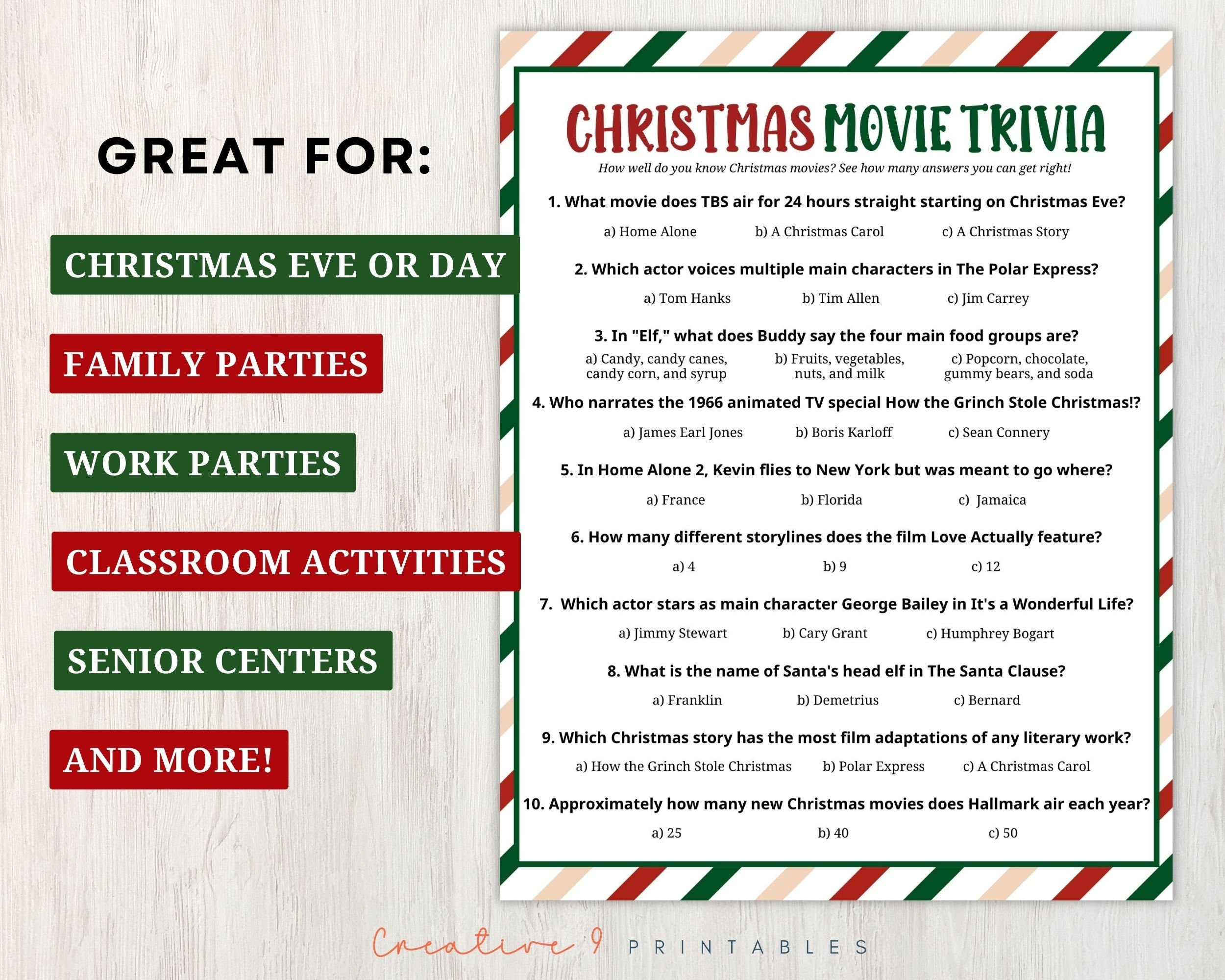 Printable Christmas Movie Trivia Game for Adults and Kids, 10 Fun ...