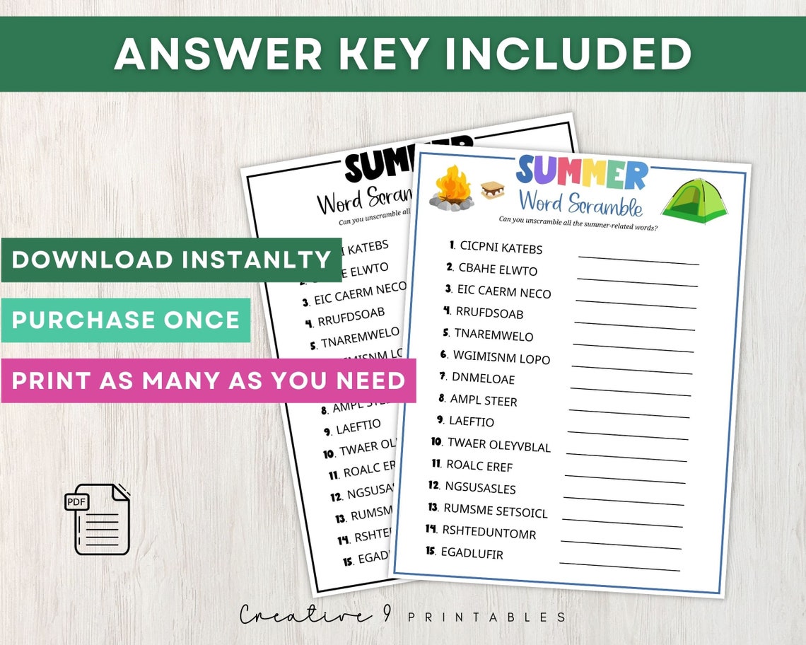 Summer Word Scramble Printable Game for Kids and Adults W/ Answers, 15 ...