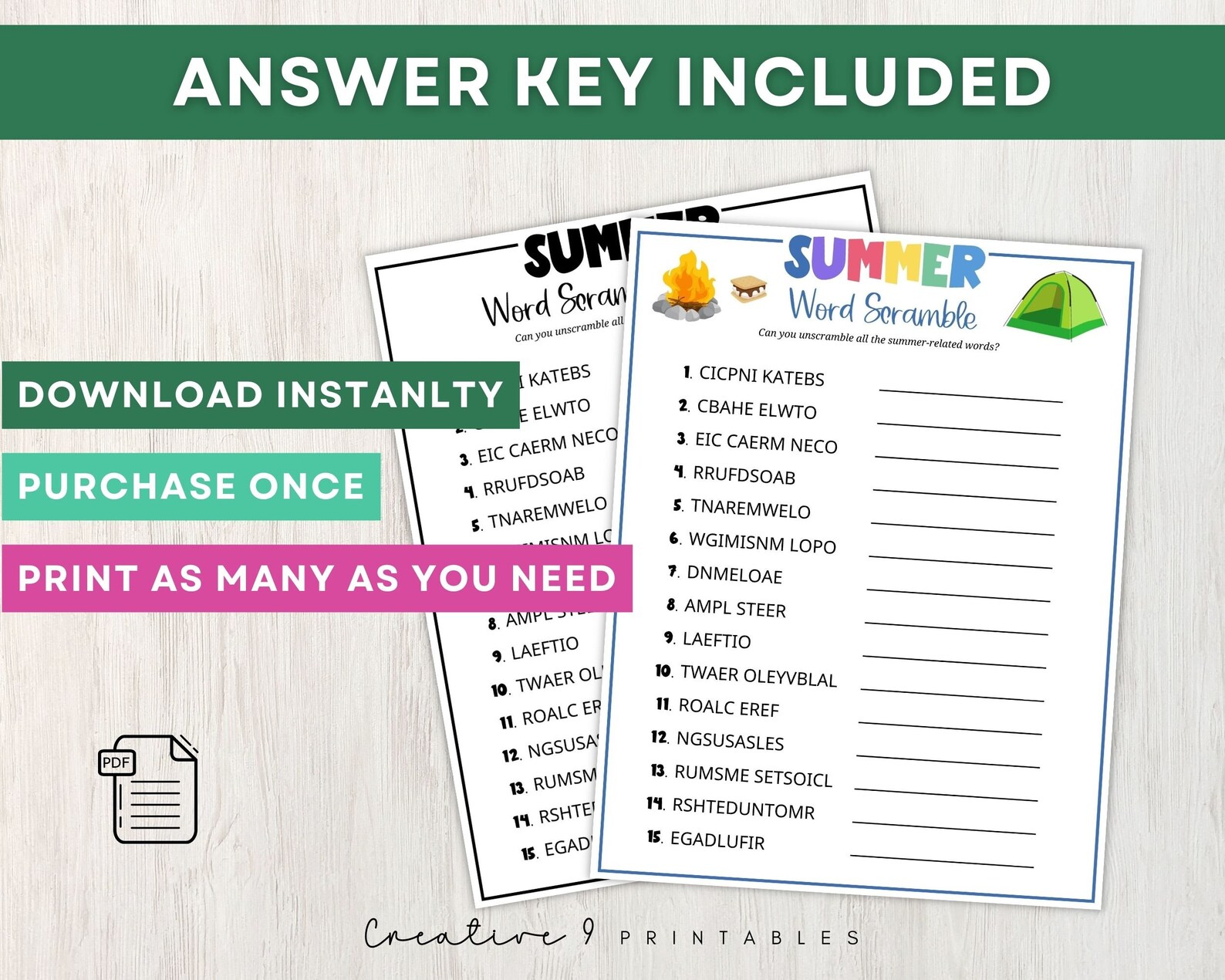 Summer Word Scramble Printable Game for Kids and Adults W/ Answers, 15 ...