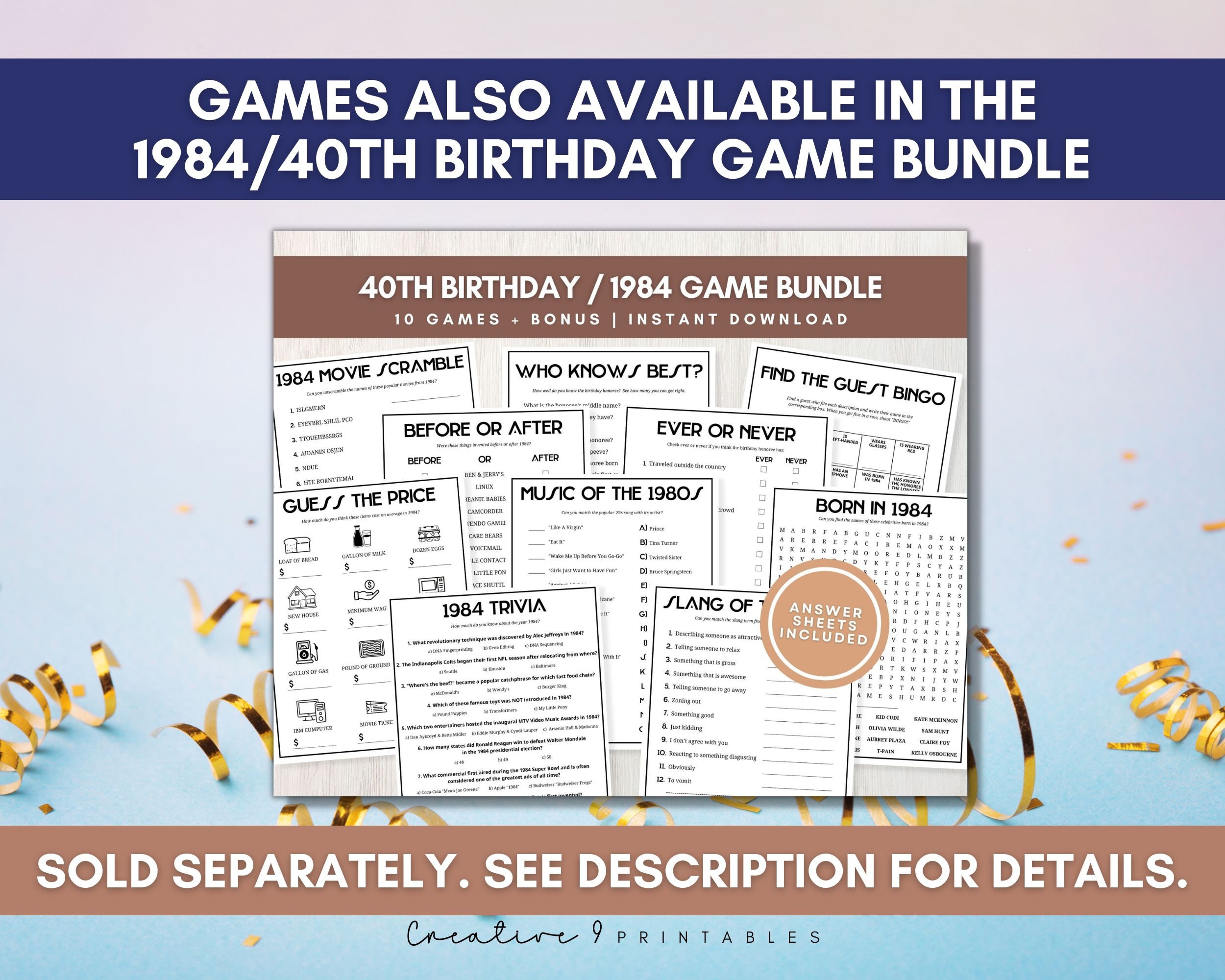 1984 Trivia Game Bundle for Adults, Seven Fun Printable 42nd Party ...