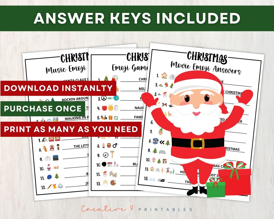 Emoji Christmas Game Bundle for Kids and Adults, 3 Printable Christmas ...