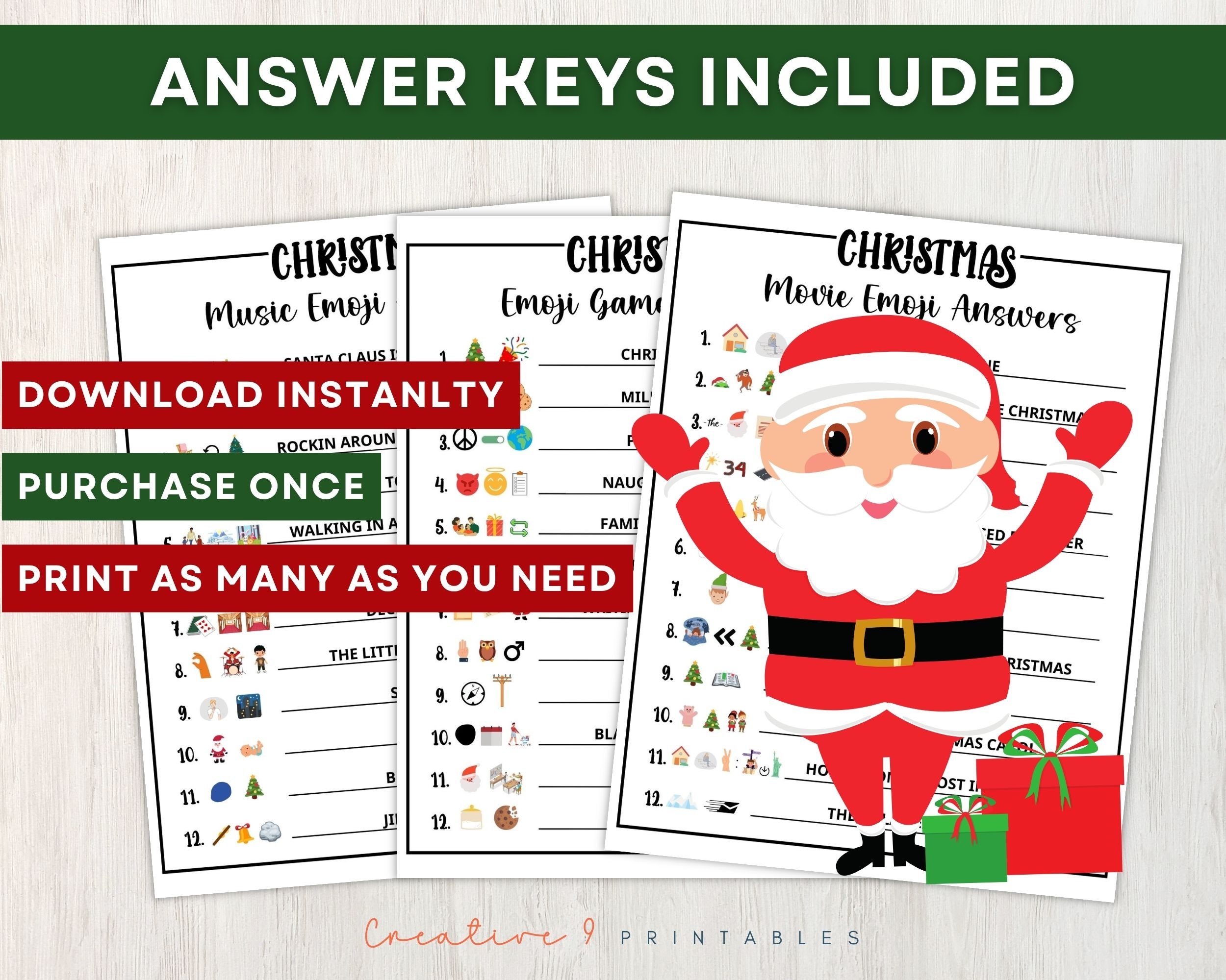 Emoji Christmas Game Bundle for Kids and Adults, 3 Printable Christmas ...