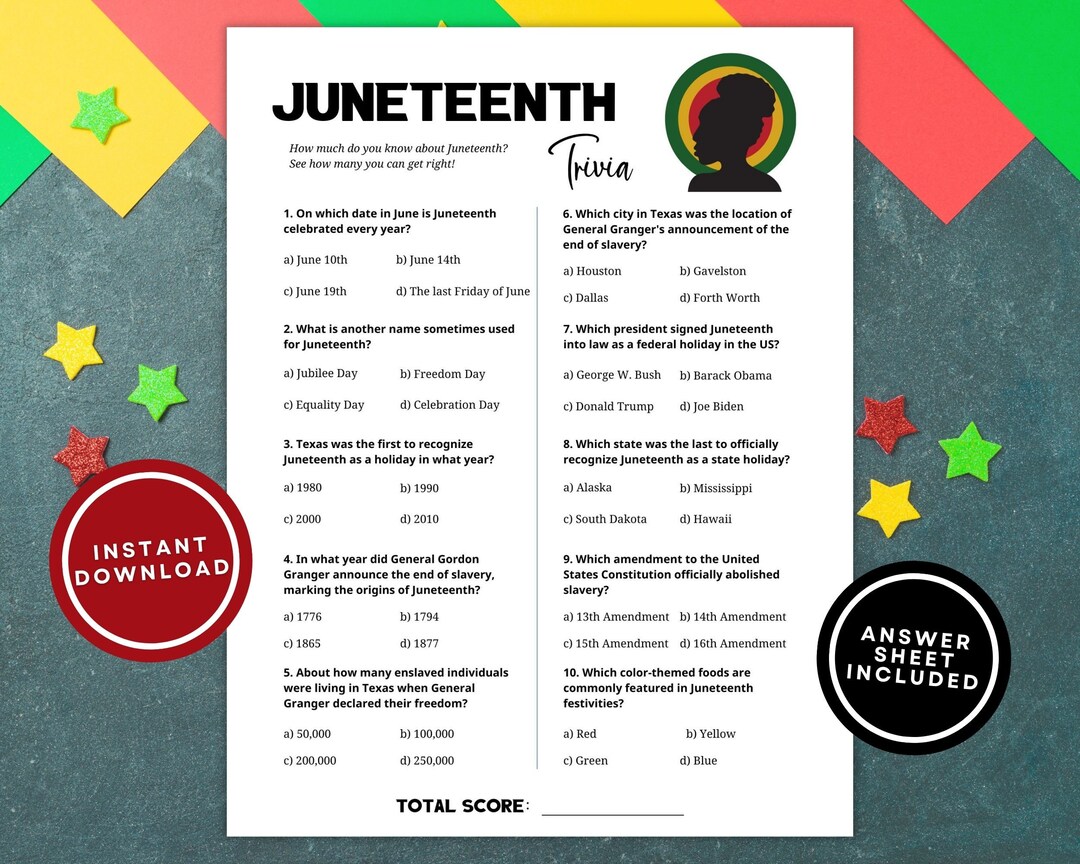Juneteenth Trivia Game Printable for Kids and Adults, 10 Juneteenth ...