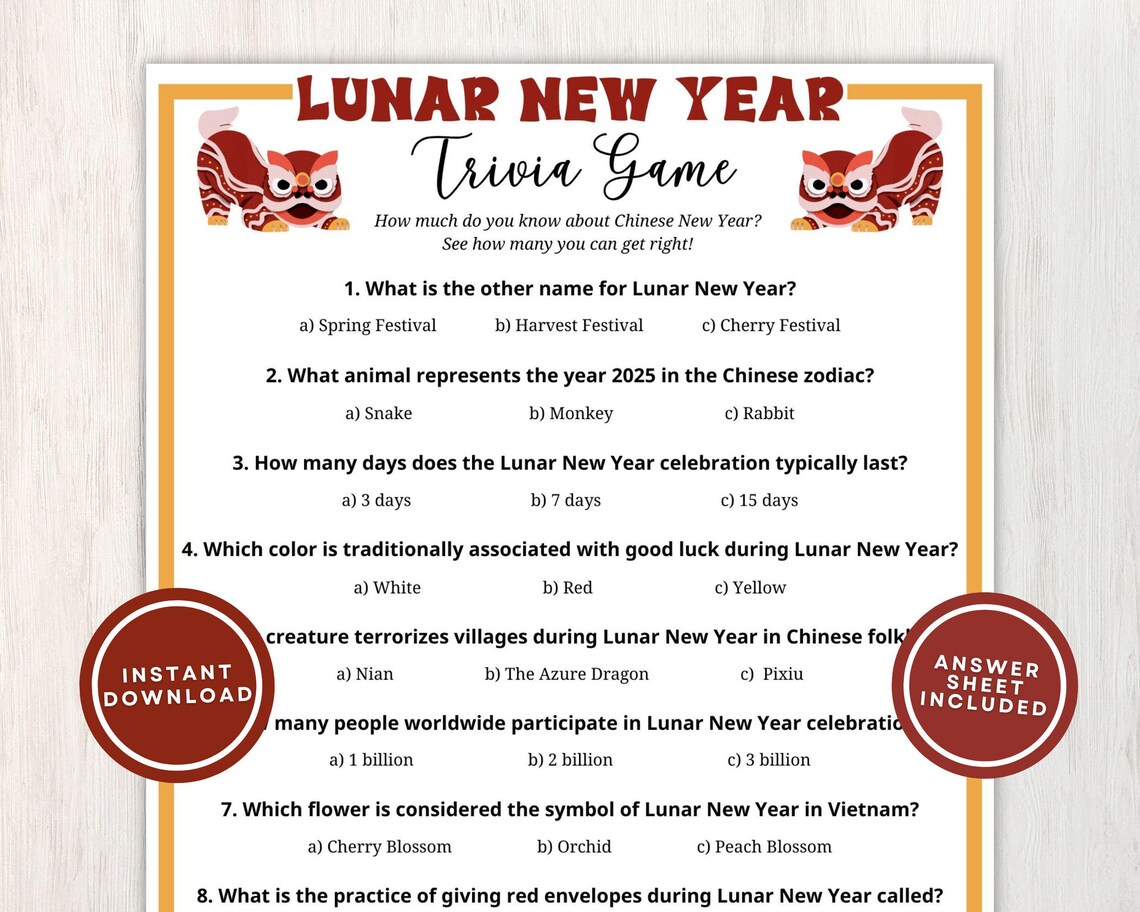 Lunar New Year Trivia 2025, Printable Party Game About Chinese New Year ...