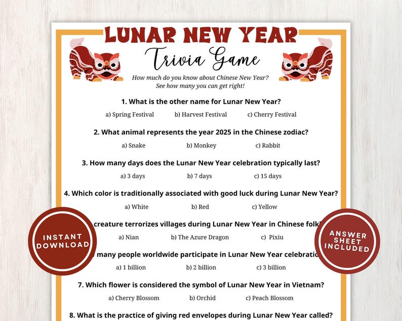 Lunar New Year Trivia 2025, Printable Party Game About Chinese New Year ...