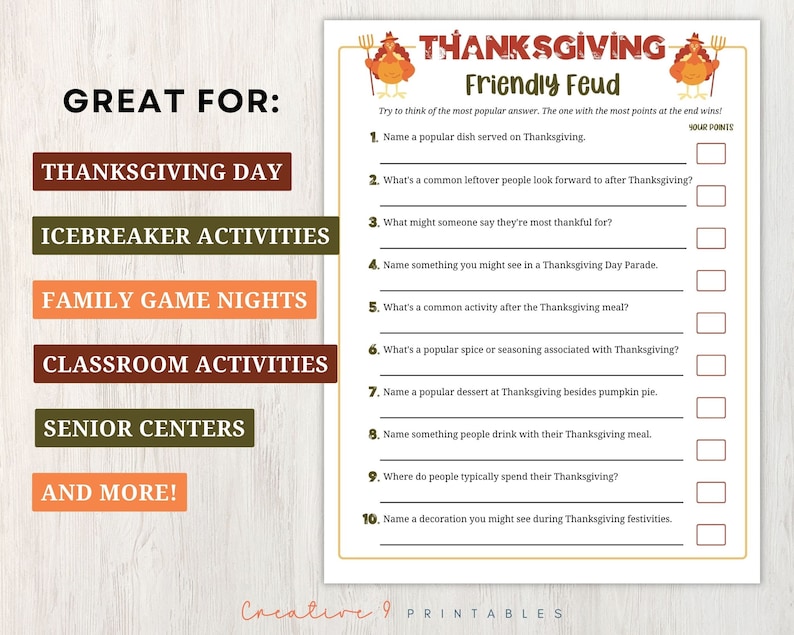Printable Thanksgiving Friendly Feud Game for Family Gatherings and ...