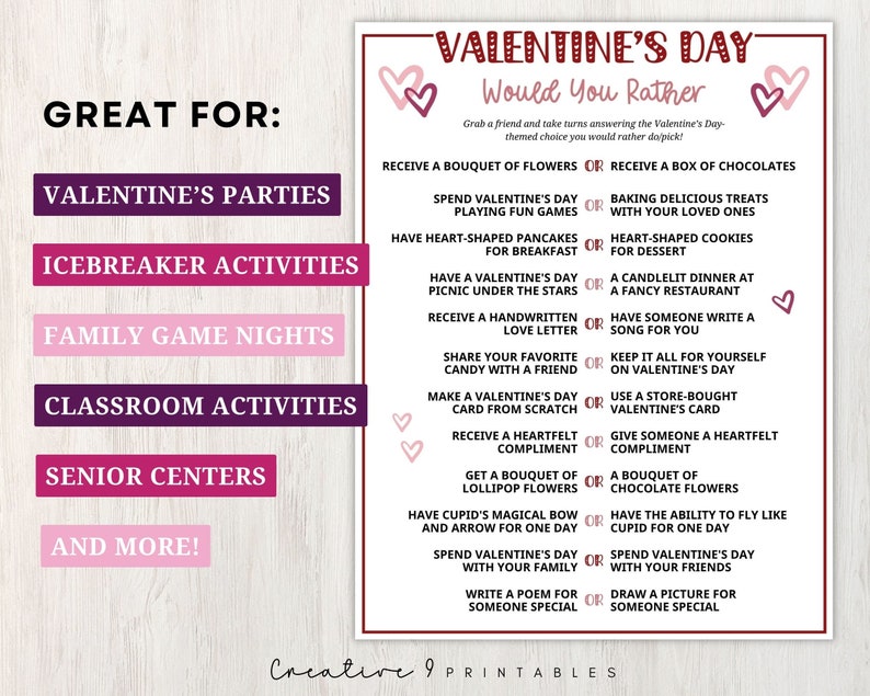 Would You Rather Valentine's Day Game for Kids and Adults, Printable ...