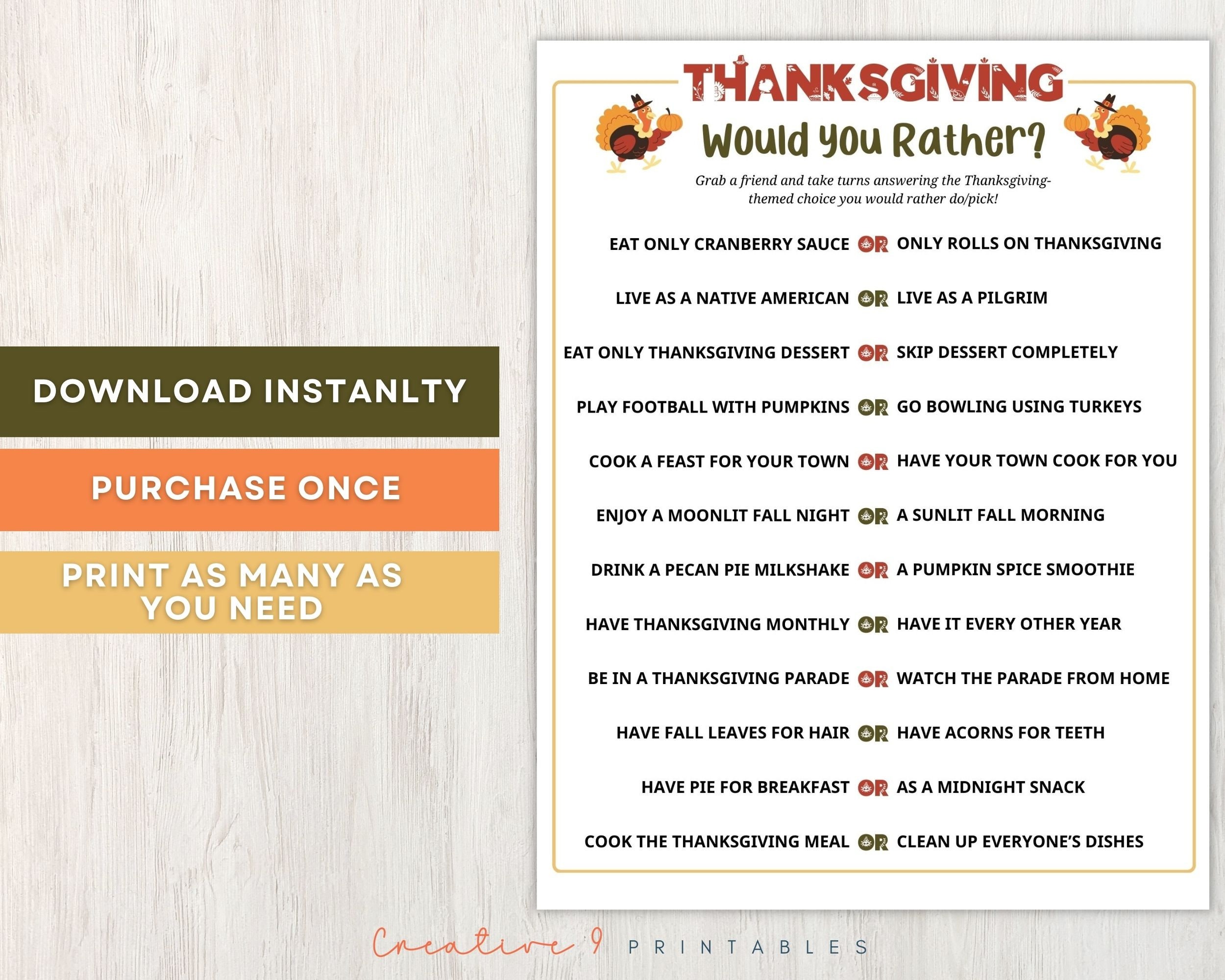 Printable Thanksgiving Would You Rather Game for Kids and Adults, Would ...