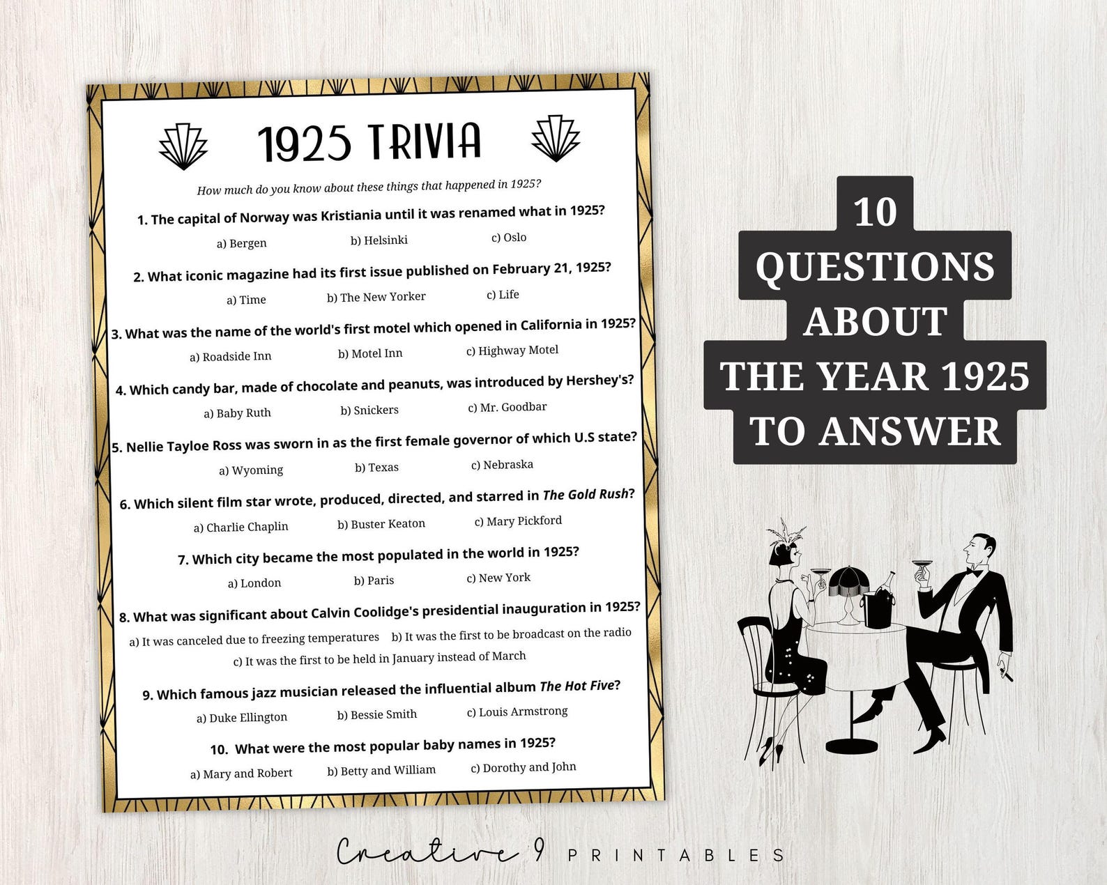 1925 Trivia With Answers, Printable 100th Birthday Game, 10 Fun Quiz ...