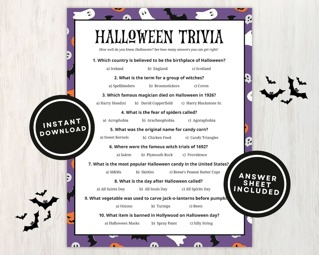 Printable Halloween Trivia Game for Kids and Adults, 10 Halloween ...