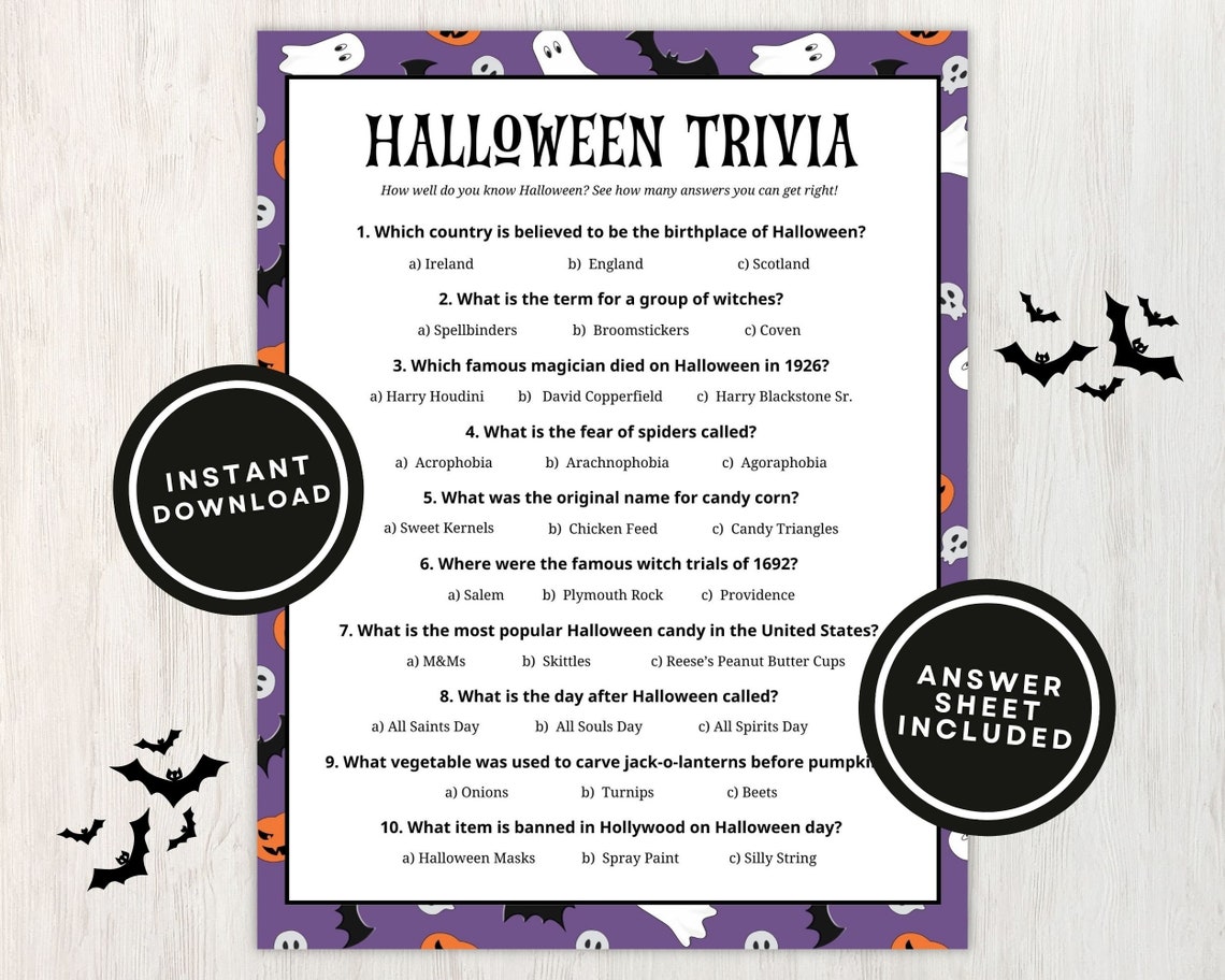 Printable Halloween Trivia Game for Kids and Adults, 10 Halloween ...