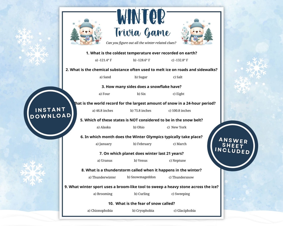Printable Winter Trivia Game for Kids and Adults, 10 Winter Trivia ...