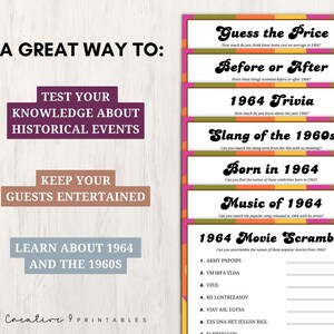 1964 Trivia Game Bundle for Adults, Seven Fun Printable 62nd Party ...