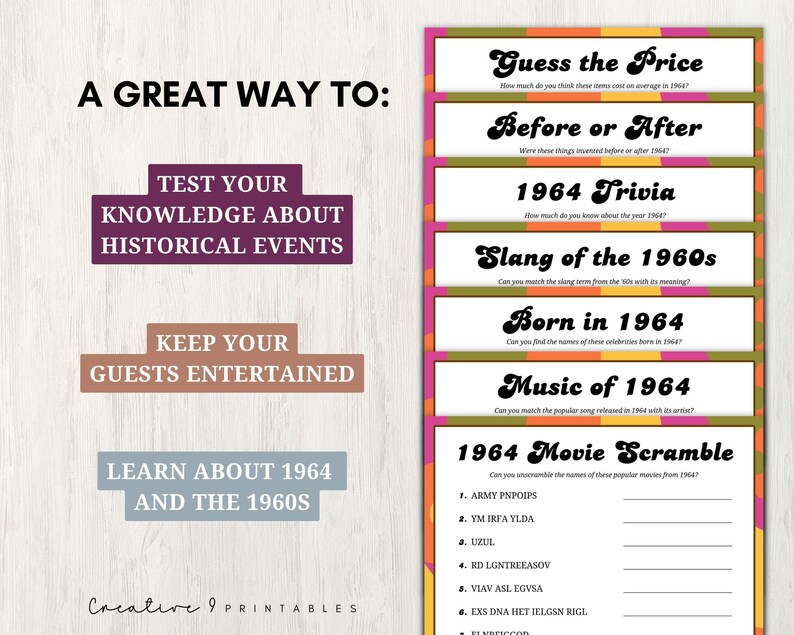 1964 Trivia Game Bundle for Adults, Seven Fun Printable 61st Party ...