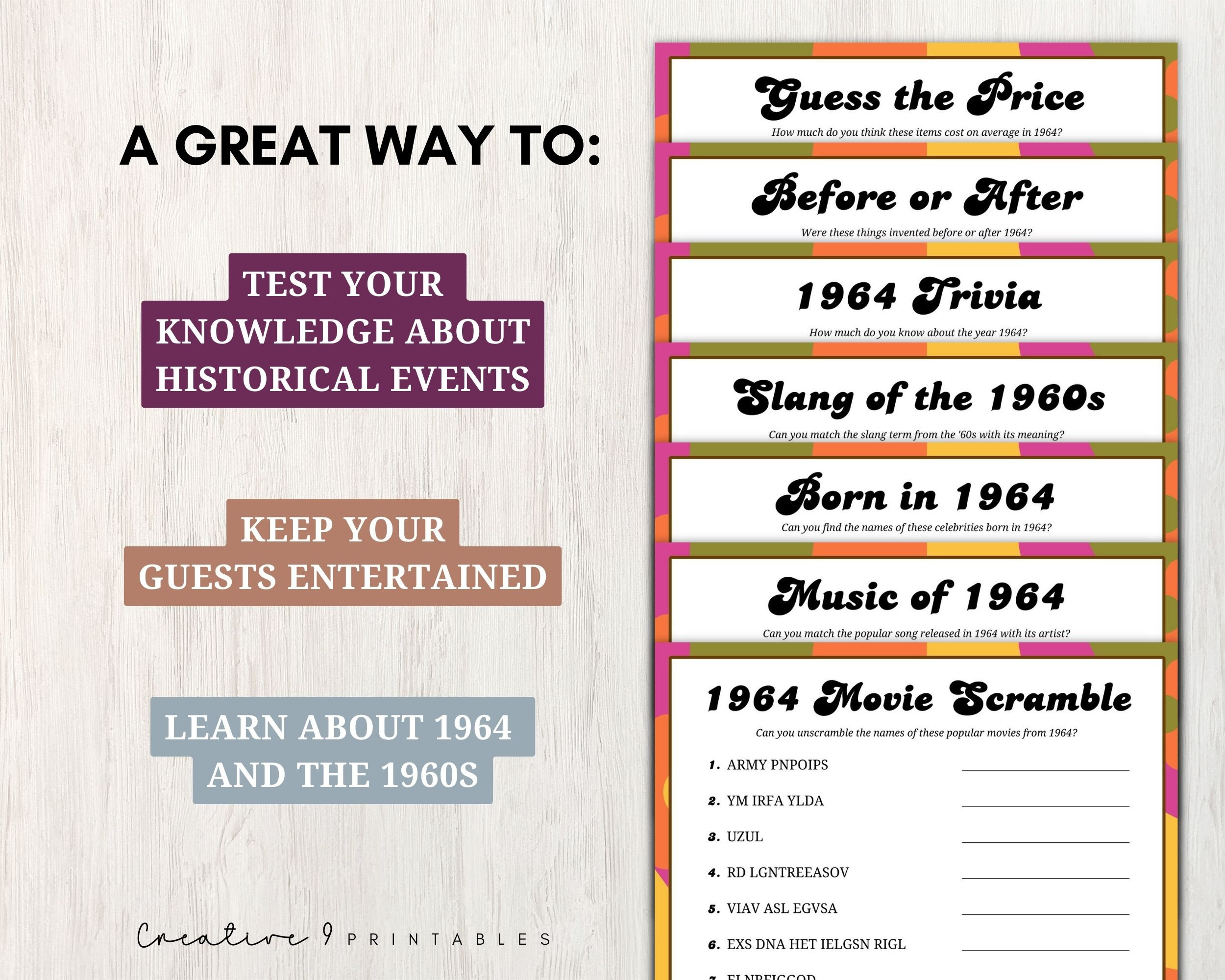 1964 Trivia Game Bundle for Adults, Seven Fun Printable 61st Party ...