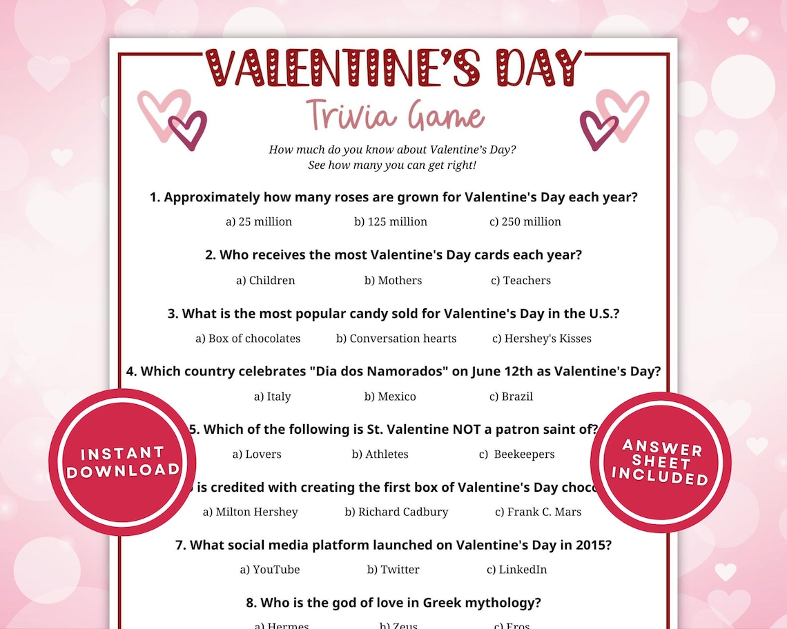 Valentine's Day Trivia Printable Game for Kids and Adults, 10 Fun ...