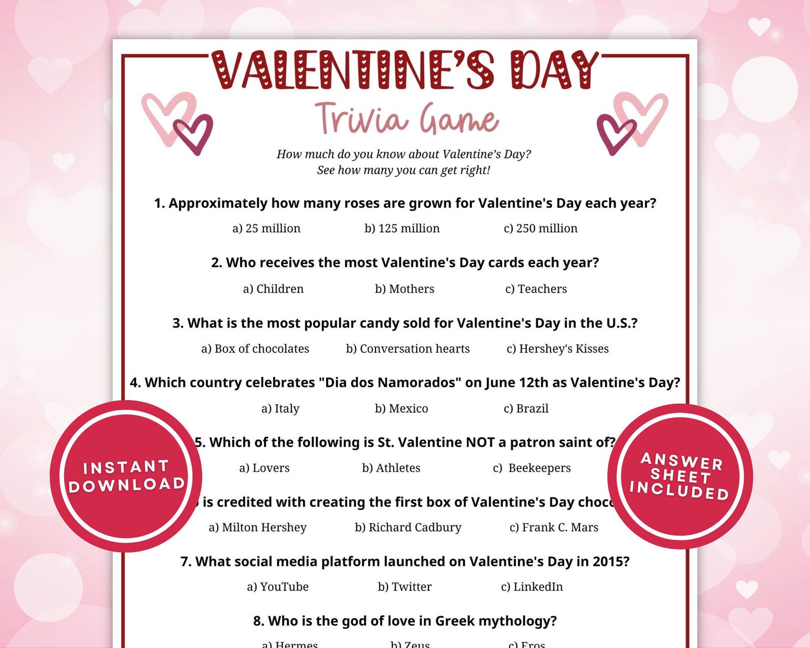 Valentine's Day Trivia Printable Game for Kids and Adults, 10 Fun ...