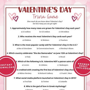 Valentine's Day Trivia Printable Game for Kids and Adults, 10 Fun ...