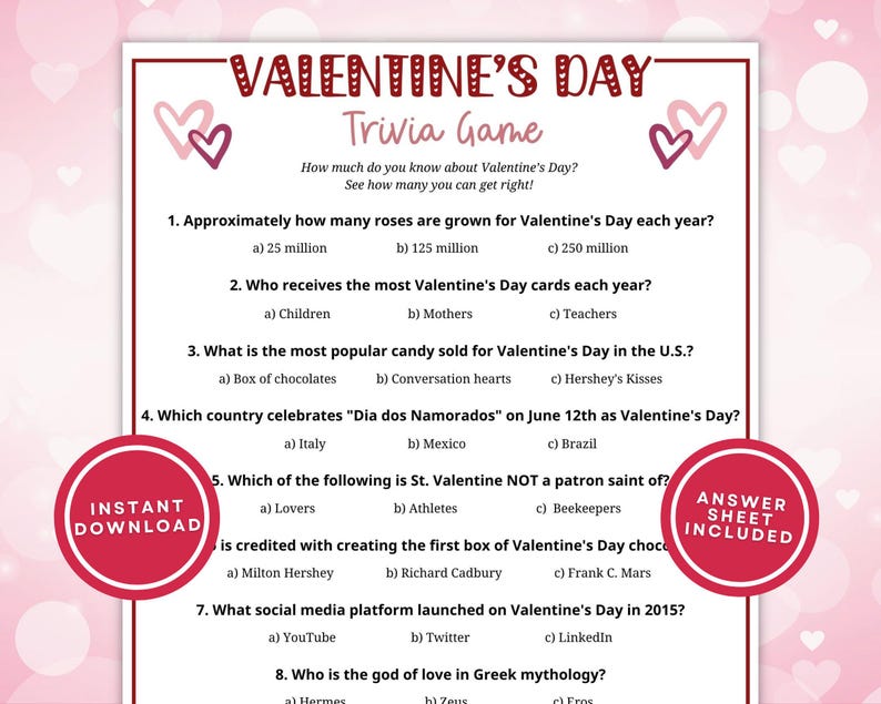 Valentine's Day Trivia Printable Game for Kids and Adults, 10 Fun ...