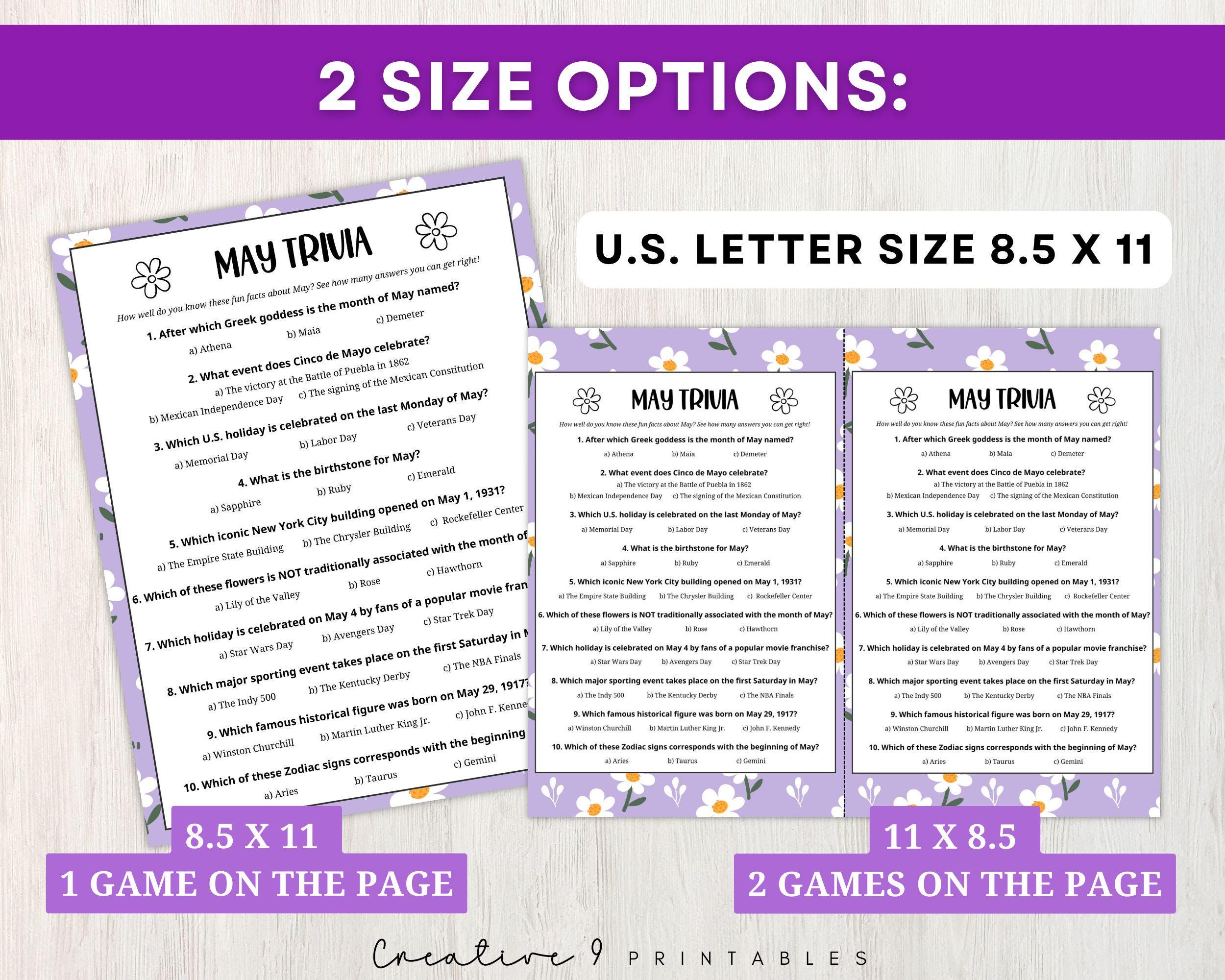 May Trivia Printable Game for Kids and Adults, 10 Fun Facts Quiz ...