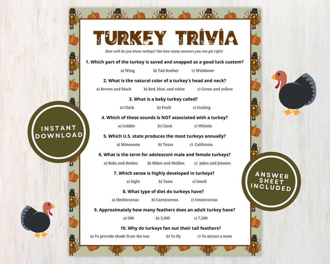 Printable Turkey Trivia Game for Kids and Adults, 10 Thanksgiving ...
