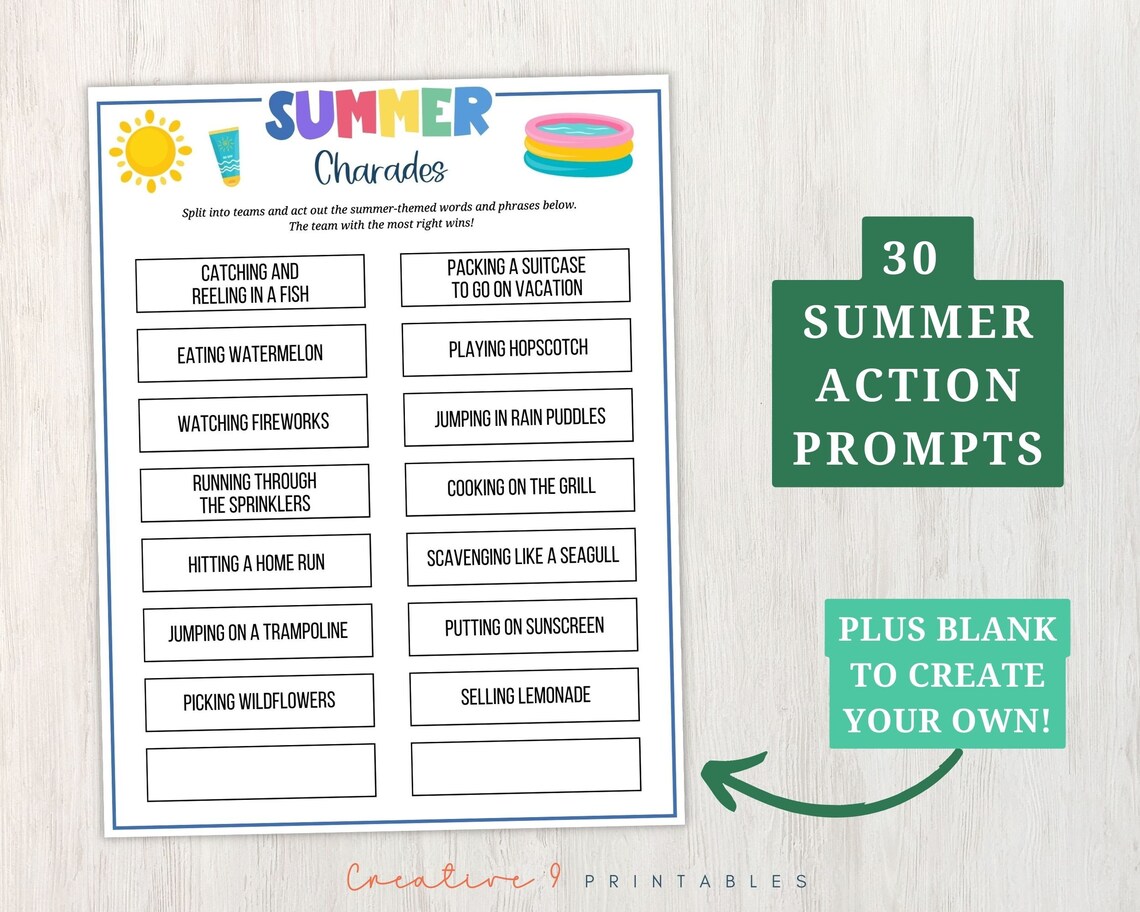 Summer Charades Printable Game for Kids and Teens, 30 Prompts With ...