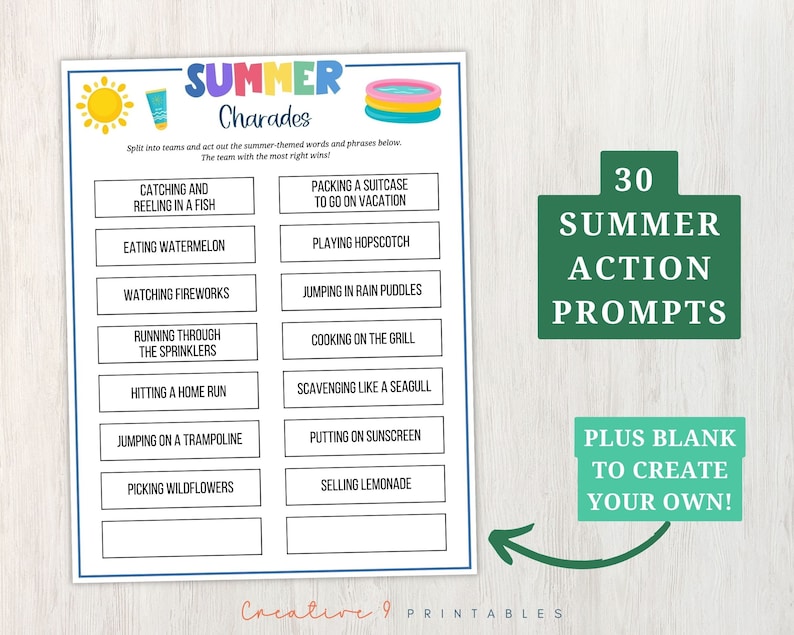 Summer Charades Printable Game for Kids and Teens, 30 Prompts With ...