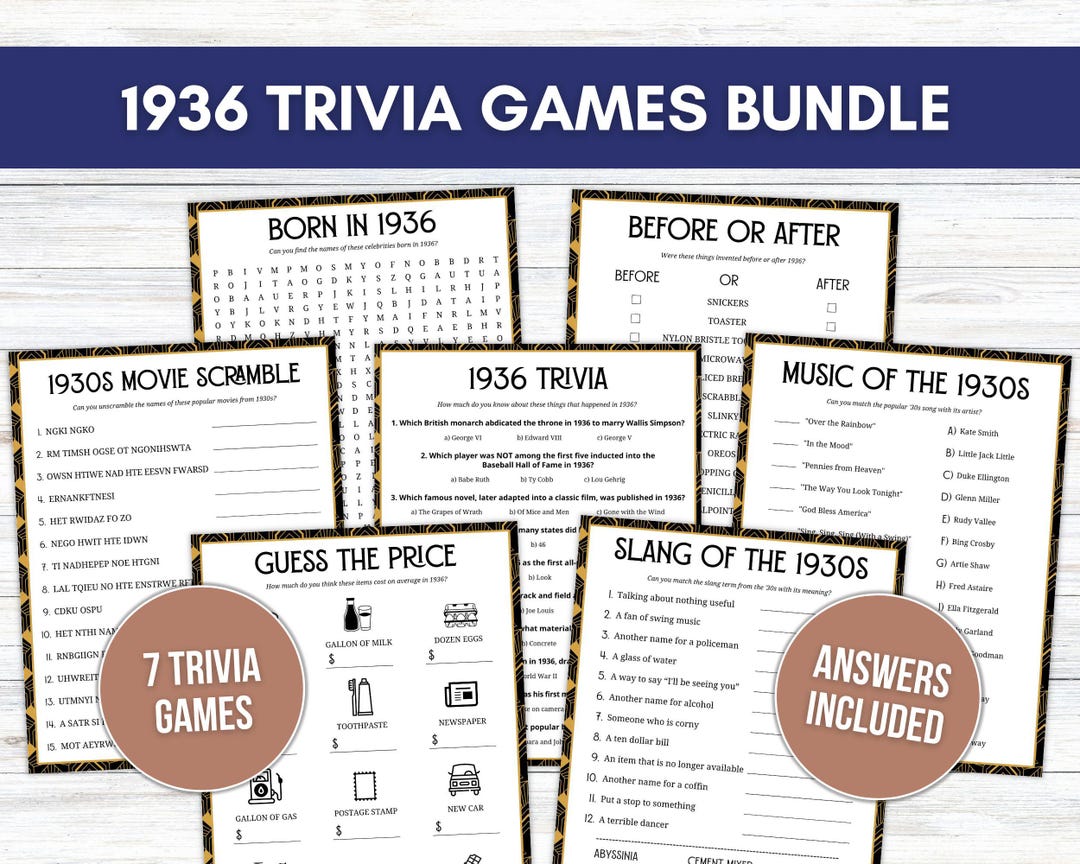 1936 Trivia Game Bundle for Adults, 90th Birthday Game Ideas, Back in ...